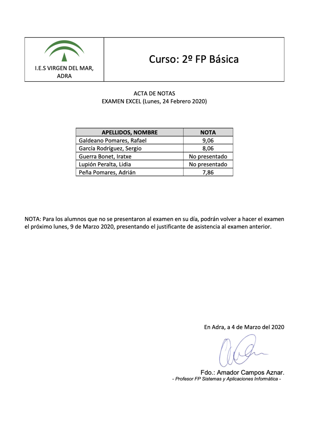 Acta de notas, examen excel – Amador Campos Aznar